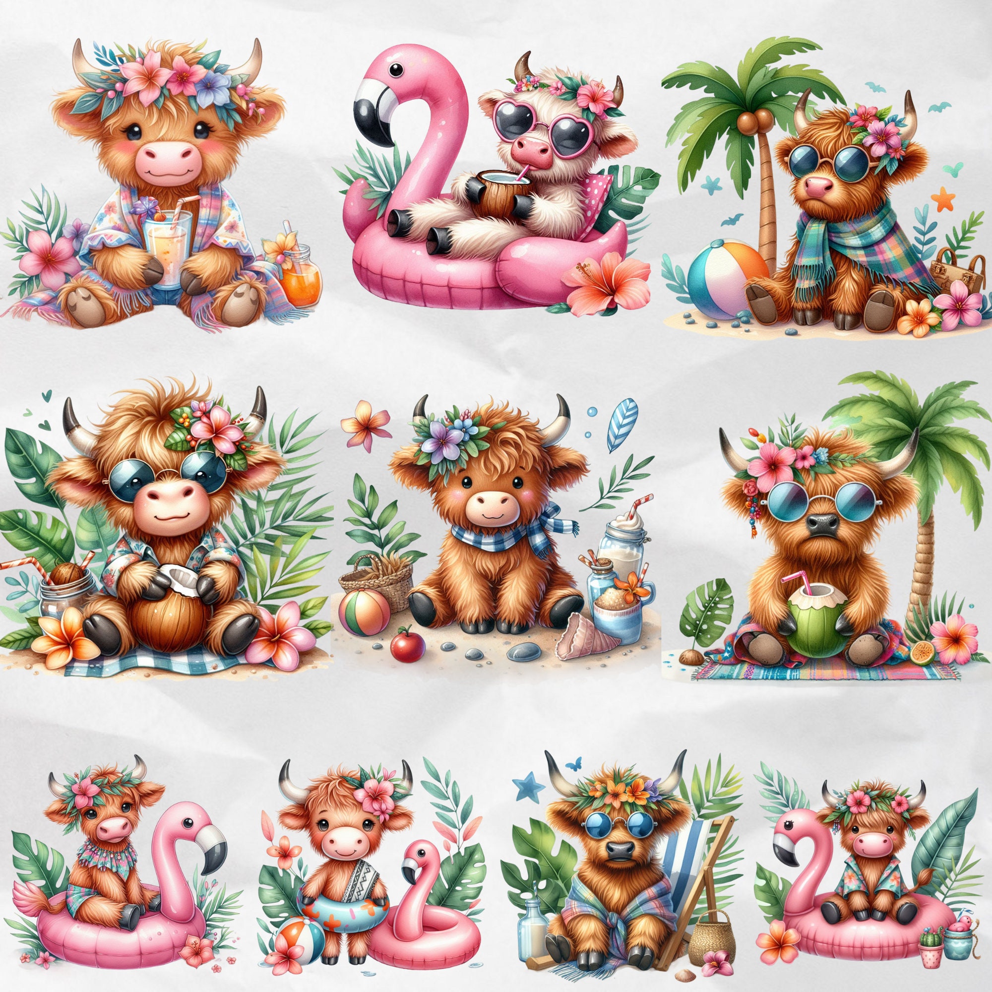 Watercolor Summer Highland Cows Collection Clipart Summer Baby Highland ...