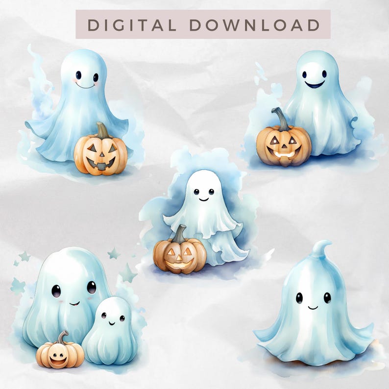 Watercolor Cute Ghost Clipart Halloween Clipart Bundle Cute Blue Boy ...