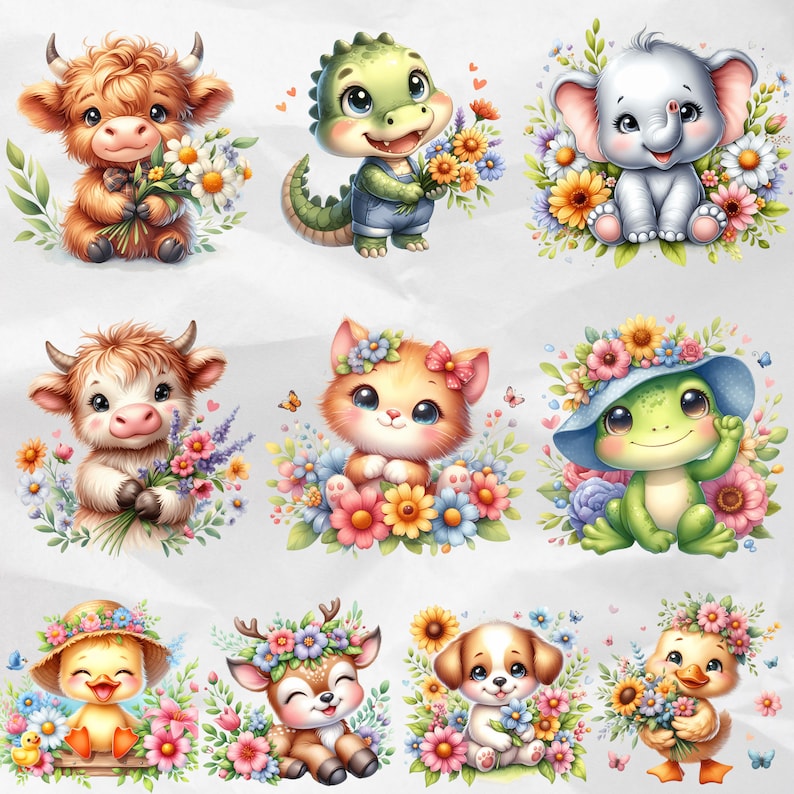 Watercolor Baby Animals With Flowers Clipart Watercolor Safari Animals ...