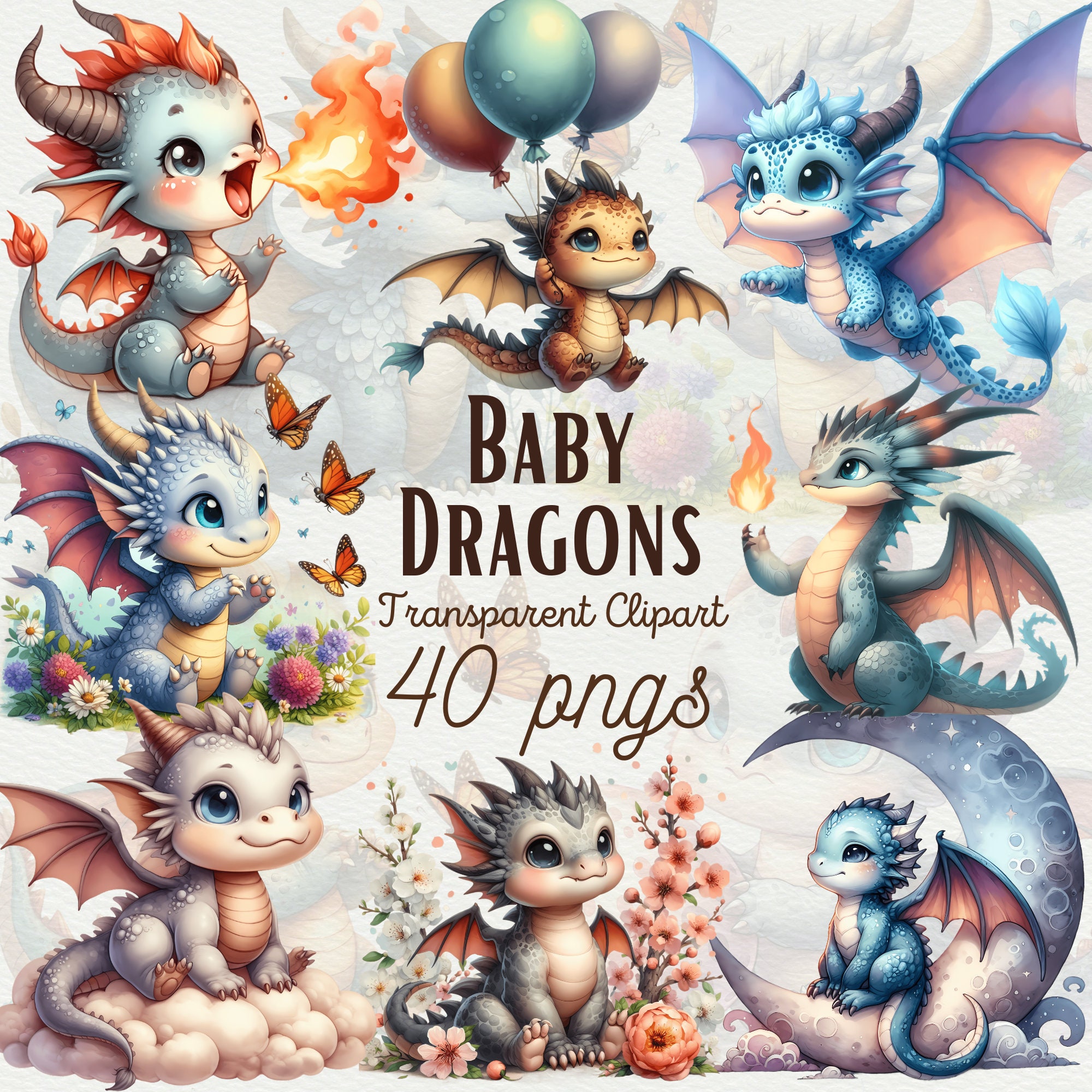 Cute Baby Dragon Clipart Bundle Watercolor Fantasy Dragon Clipart Cute ...