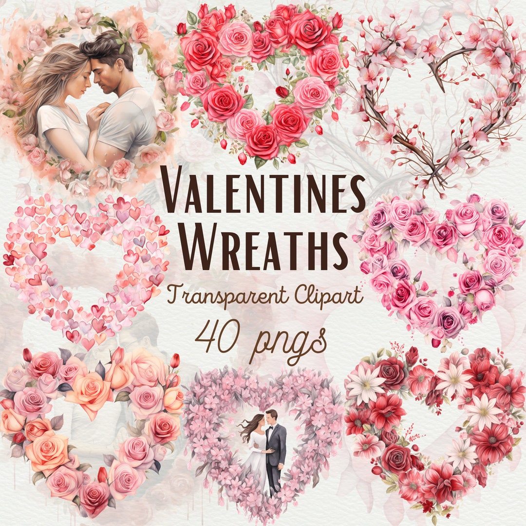 Watercolor Valentines Heart Wreaths Clipart 40 Valentines Day ...