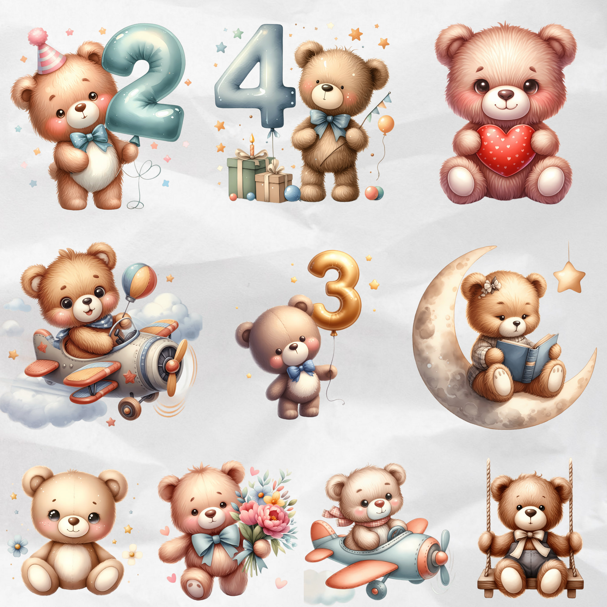 Watercolor Teddy Bear Clipart Birthday Bear Clipart Cute Teddy Bear PNG ...
