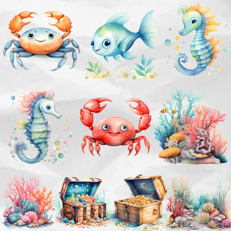 Watercolor Undersea Clipart Cute Ocean Baby Animals Watercolor - Etsy