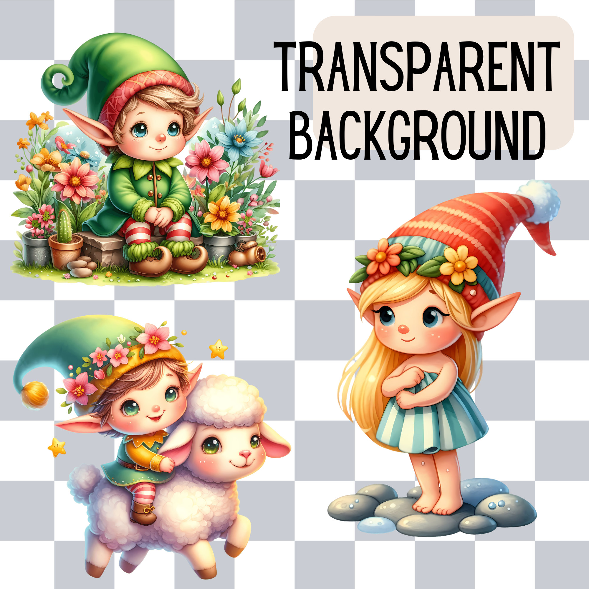 Watercolor Spring Elves PNG Cute Flower Elf Clipart Graphics Watercolor ...