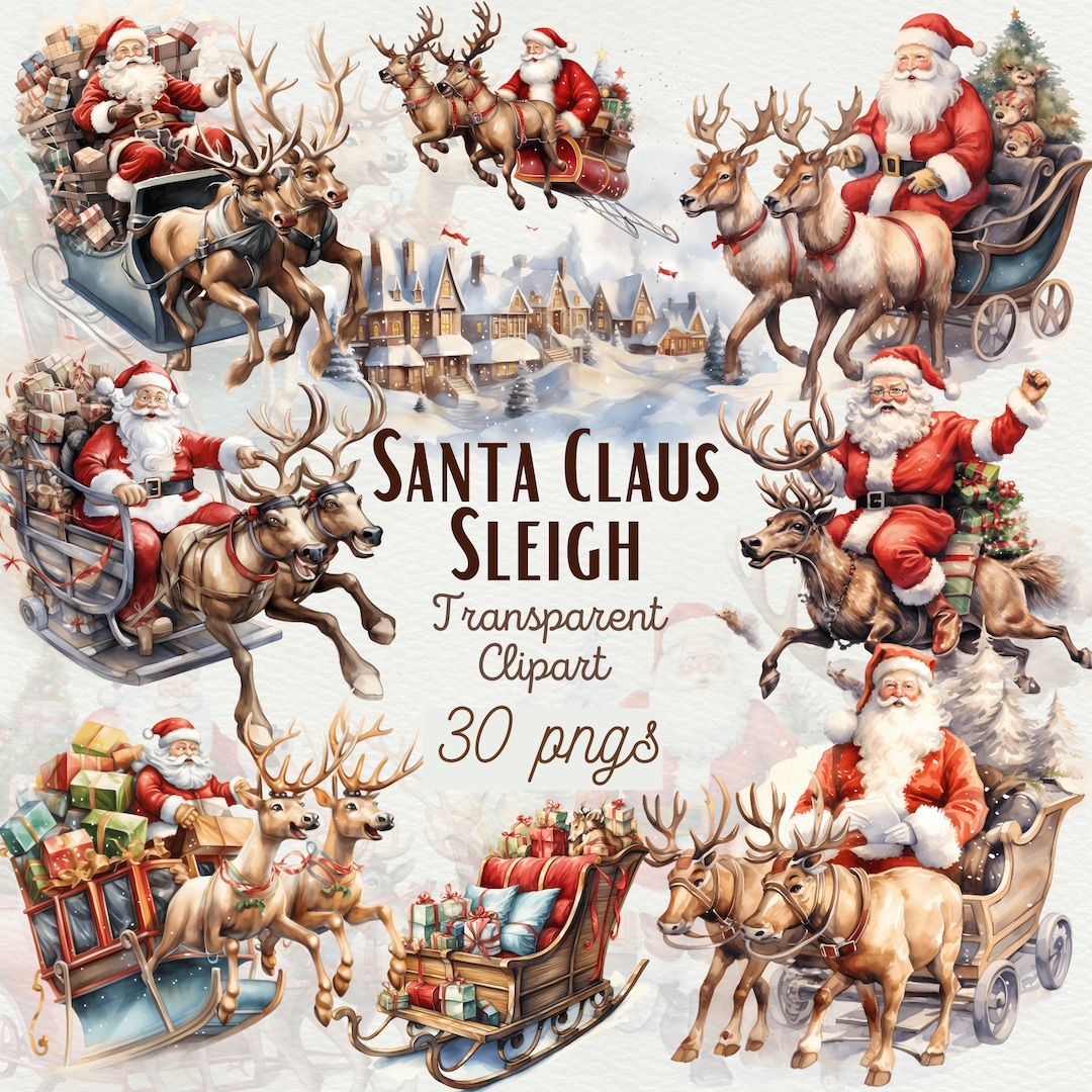 Santa Claus Sleigh Clipart Bundle Watercolor Christmas Flying Reindeer ...