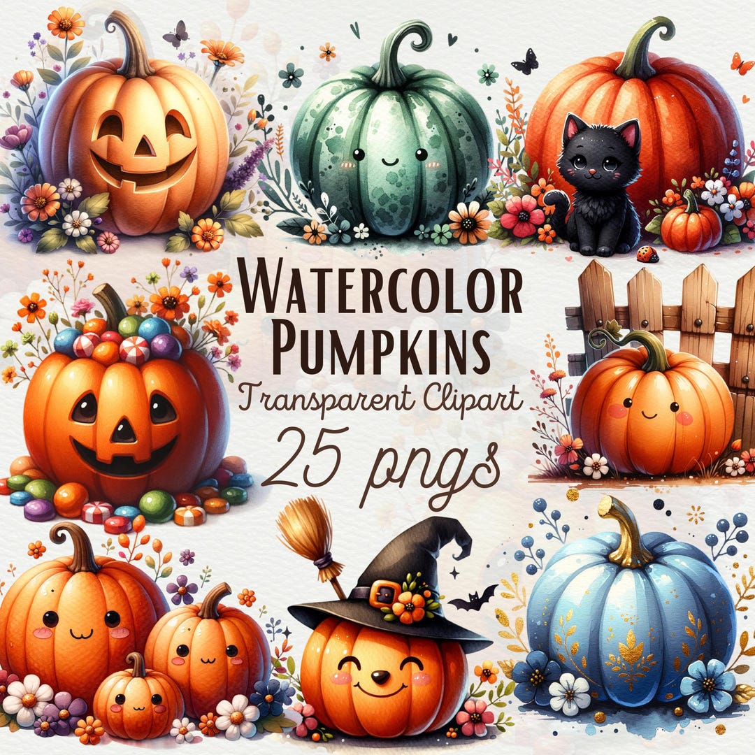 Watercolor Pumpkin Clipart Autumn Fall PNG Halloween Pumpkin Clipart ...