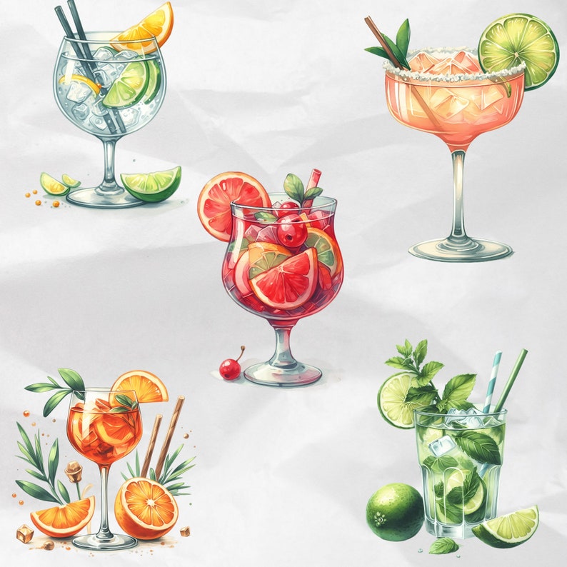 Watercolor Cocktail Drink Clipart Bundle Illustrative Cocktails Clipart ...