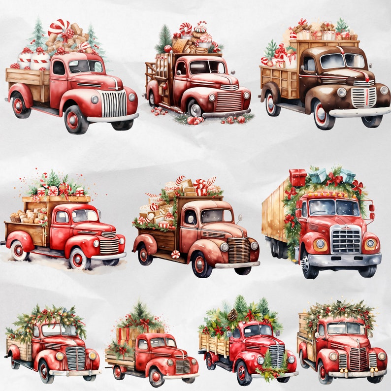 Watercolor Vintage Christmas Truck Clipart Christmas Truck PNG - Etsy