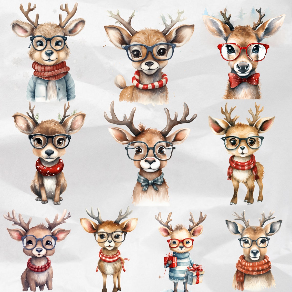 Cute Watercolor Xmas Reindeers Wearing Glasses Watercolor - Etsy