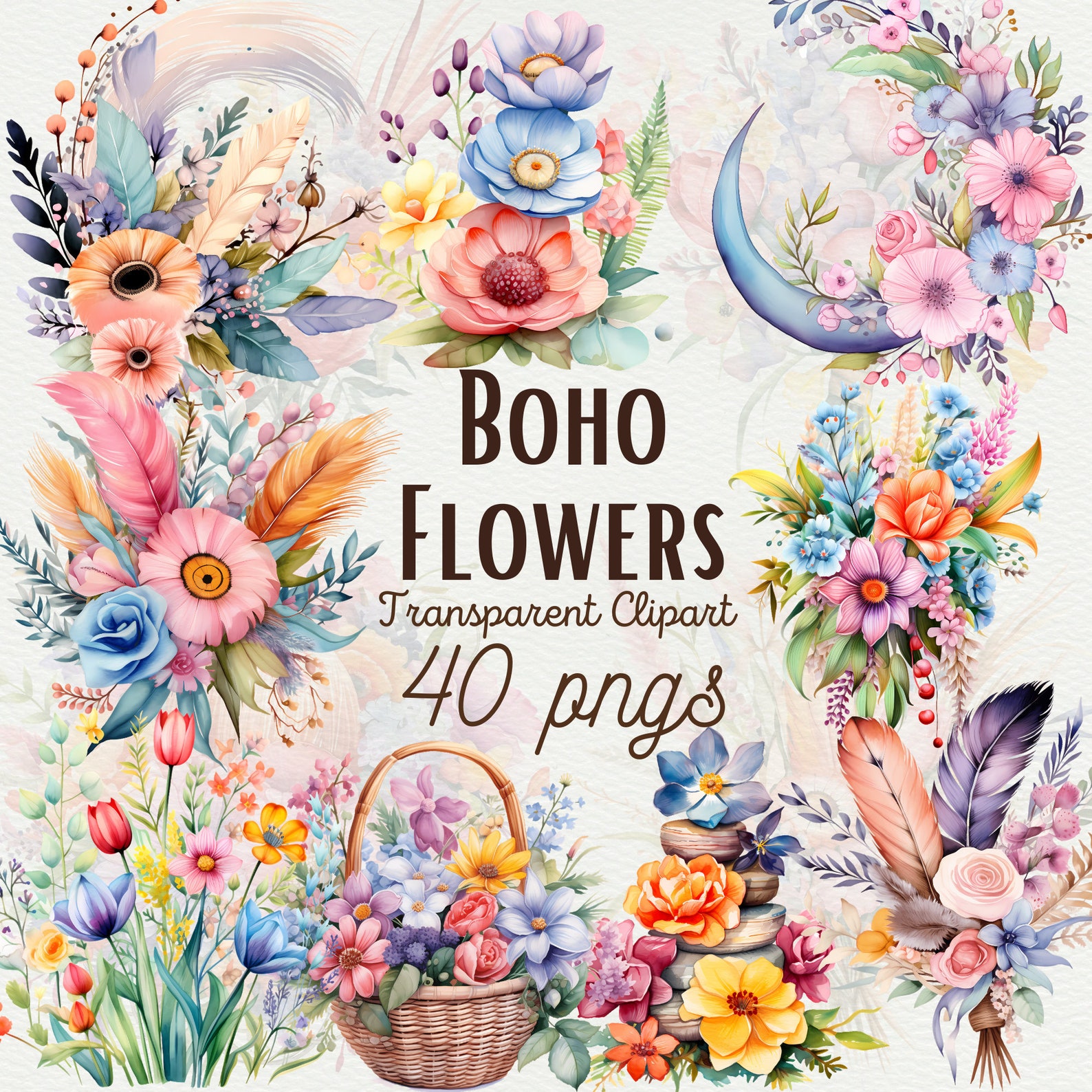 Watercolor Boho Flowers Clipart Wild Flower Clipart Floral Boho Clipart ...