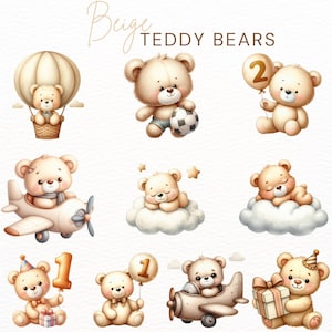 Watercolor Teddy Bear Clipart Neutral Baby Shower Clipart Beige Nursery ...