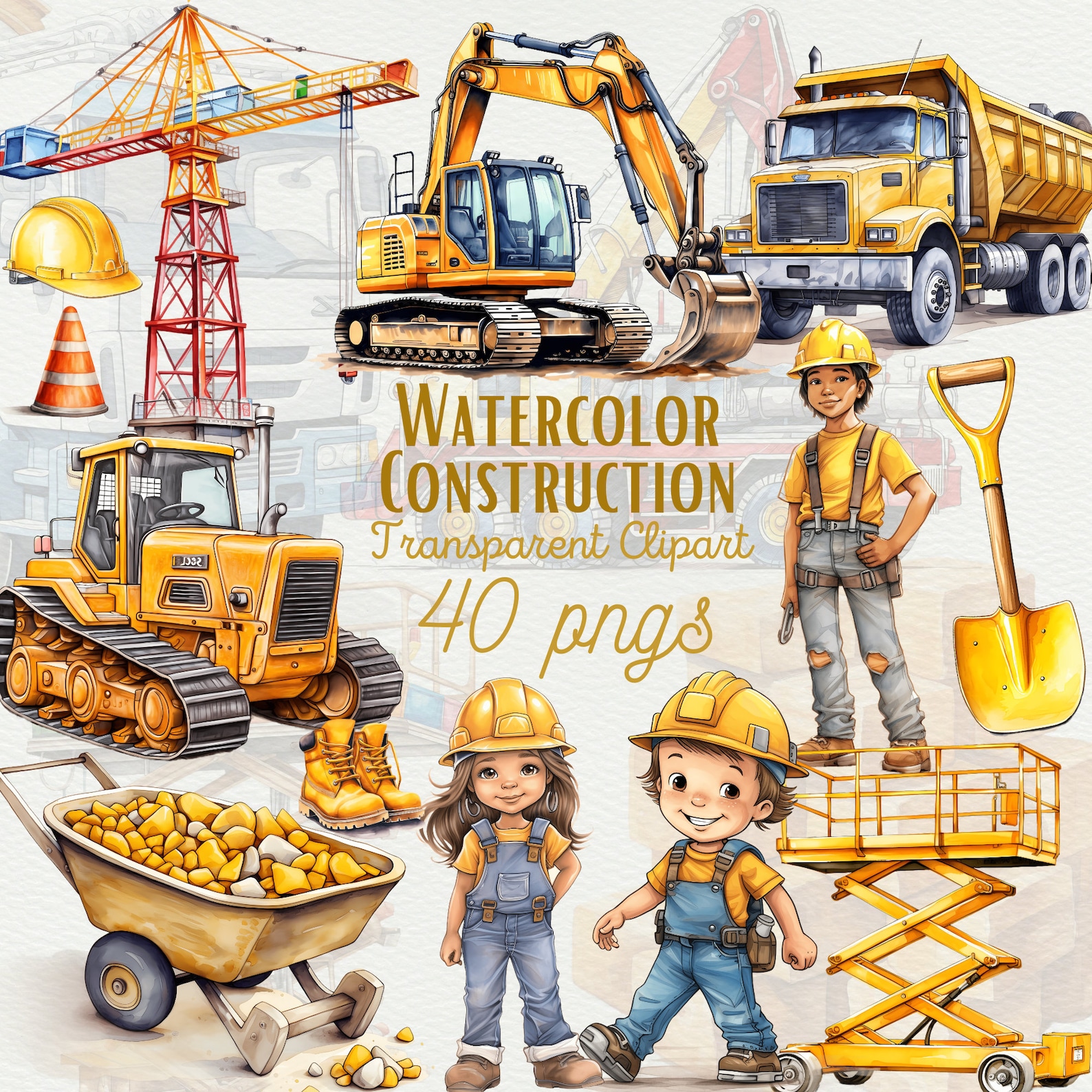 40 Watercolor Construction Clipart PNG Construction Site Vehicles ...