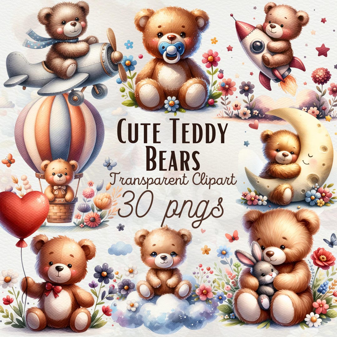 30 Watercolor Teddy Bear Clipart Nursery Baby Shower Cute Teddy Bear ...