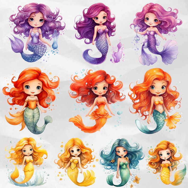 Watercolor Mermaid Clipart: Magical Sea PNG, Commercial Use (50 Files ...