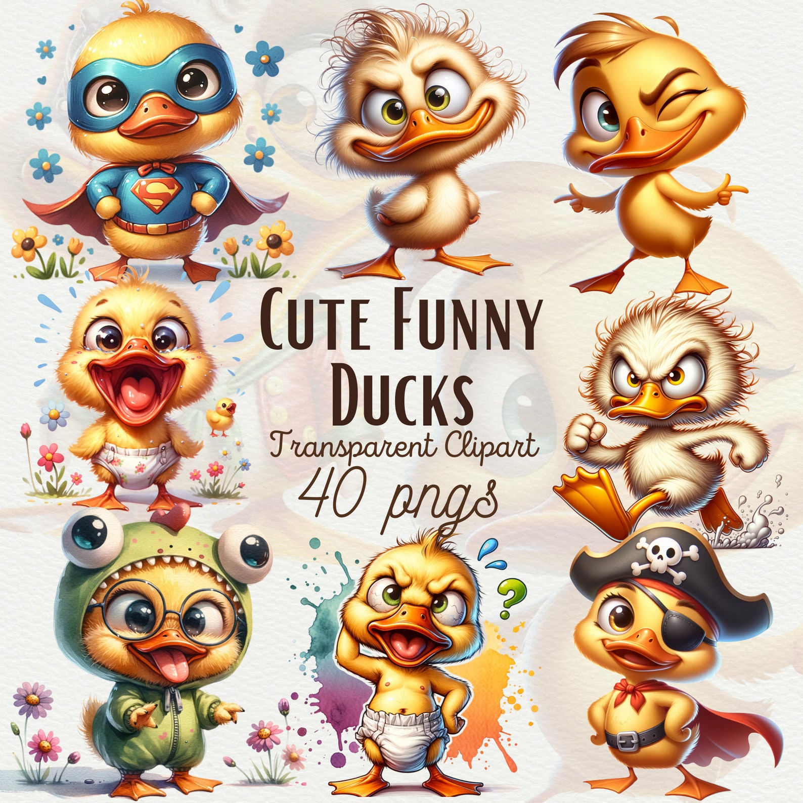 40 Cute Funny Duck Clipart Bundle Funny Cute Bird PNG Watercolor Funny ...