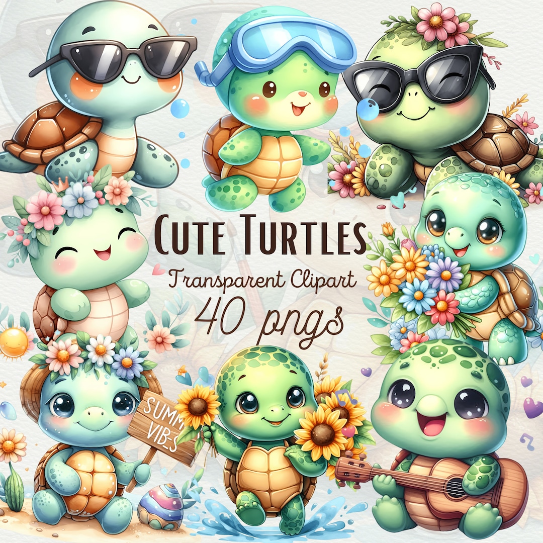 Cute Baby Turtle Clipart Watercolor Floral Turtle PNG Cute Sea Turtle ...