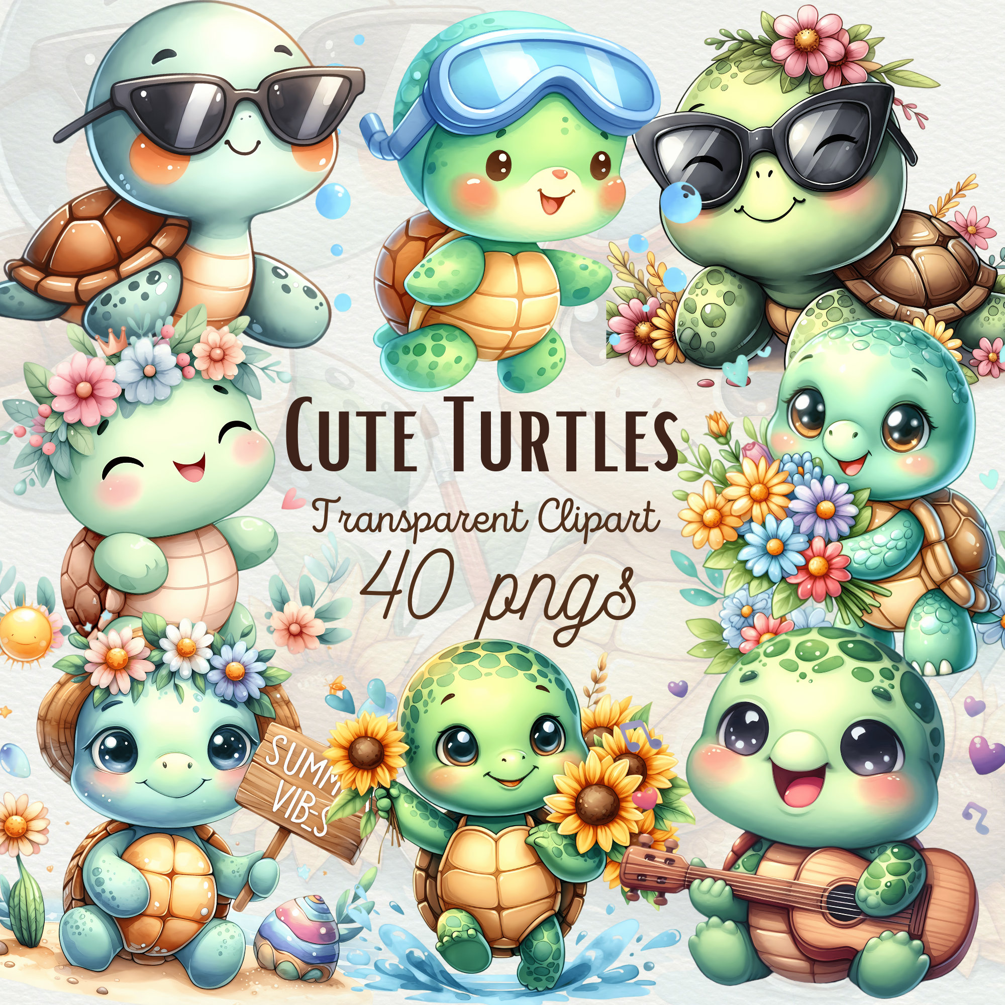Cute Baby Turtle Clipart Watercolor Floral Turtle PNG Cute Sea Turtle ...