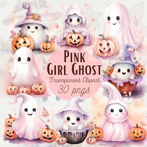 Watercolor Cute Ghost Clipart Halloween Clipart Bundle Cute Pink Ghost ...