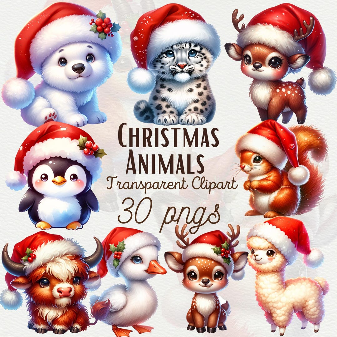 Cute Animals Wearing Santa Claus Hat Winter Woodland Animals Clipart ...