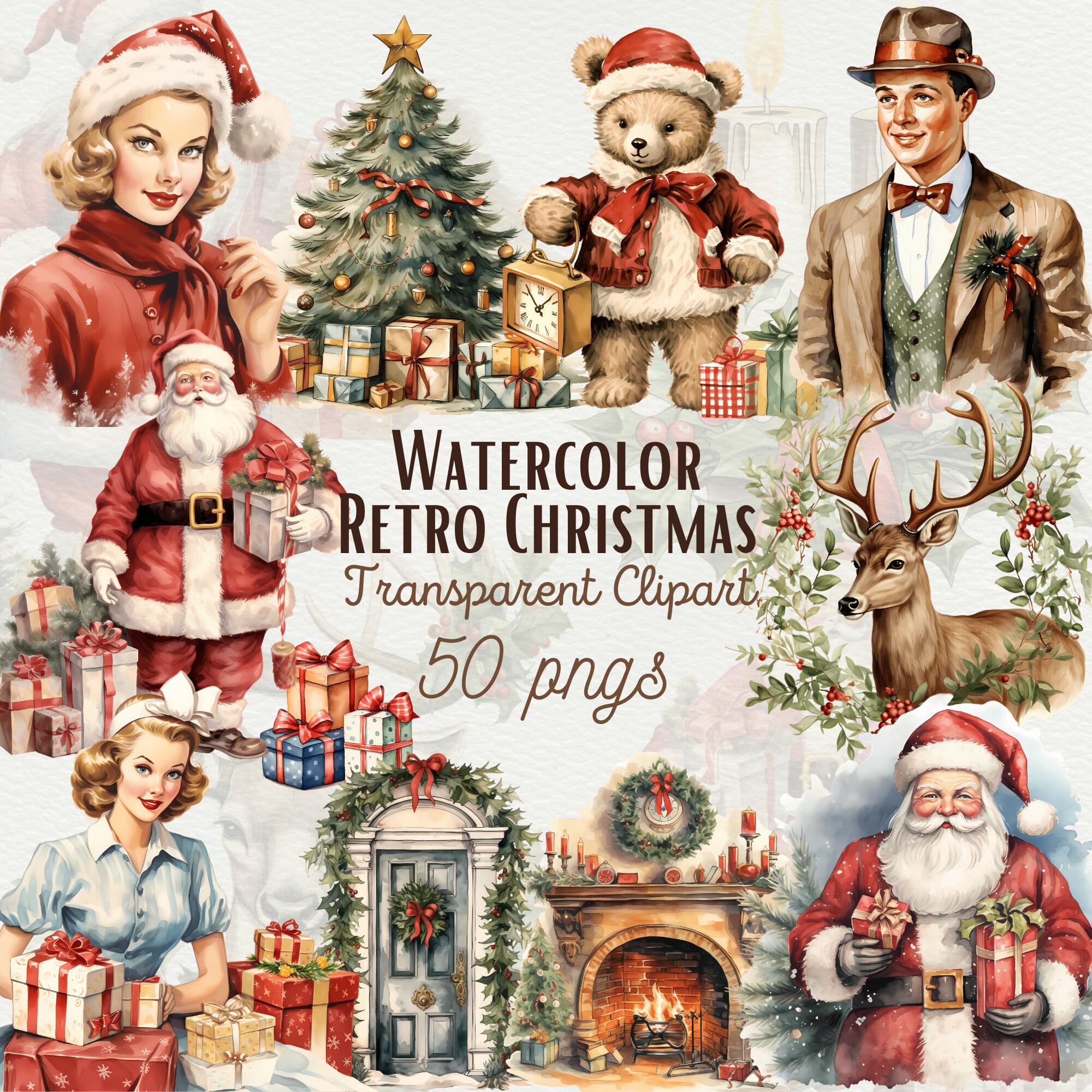 Watercolor Retro Vintage Christmas Clipart Bundle Winter Clipart ...
