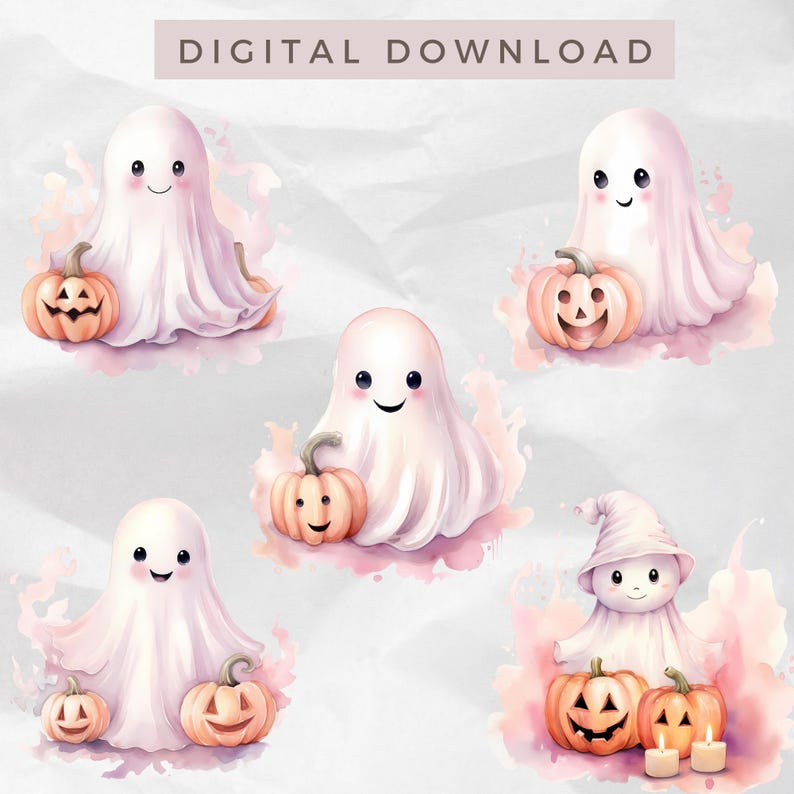 Watercolor Cute Ghost Clipart Halloween Clipart Bundle Cute Pink Ghost ...