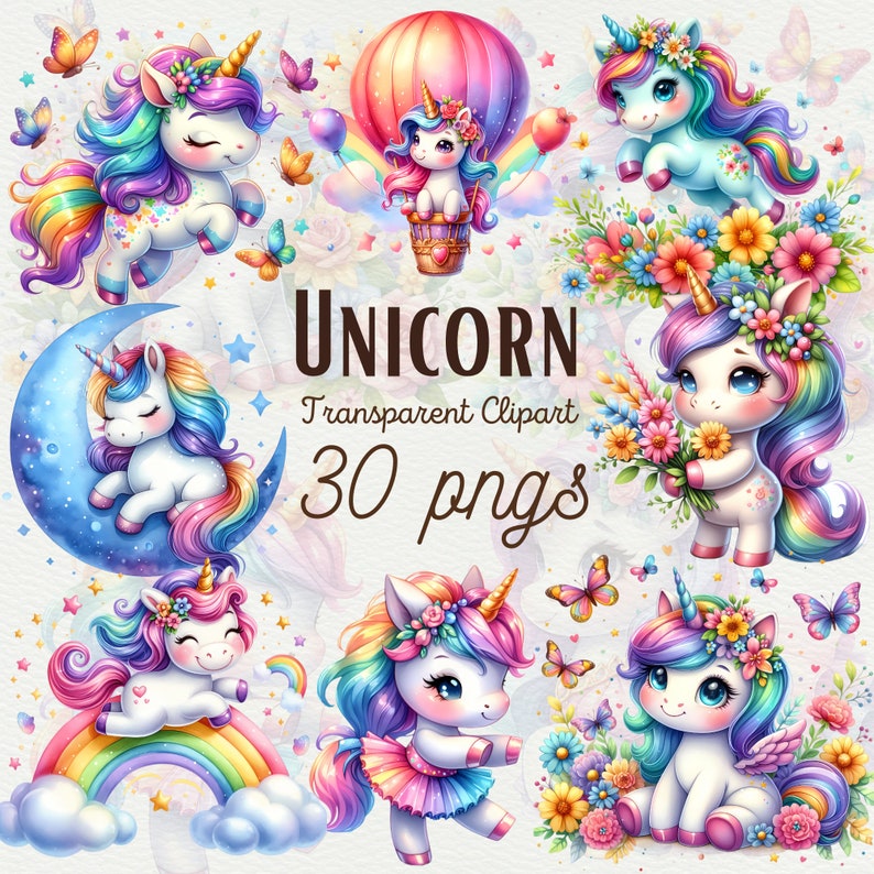 Cute Watercolor Kawaii Unicorn Clipart Cute Kawaii PNG Clipart Rainbow ...