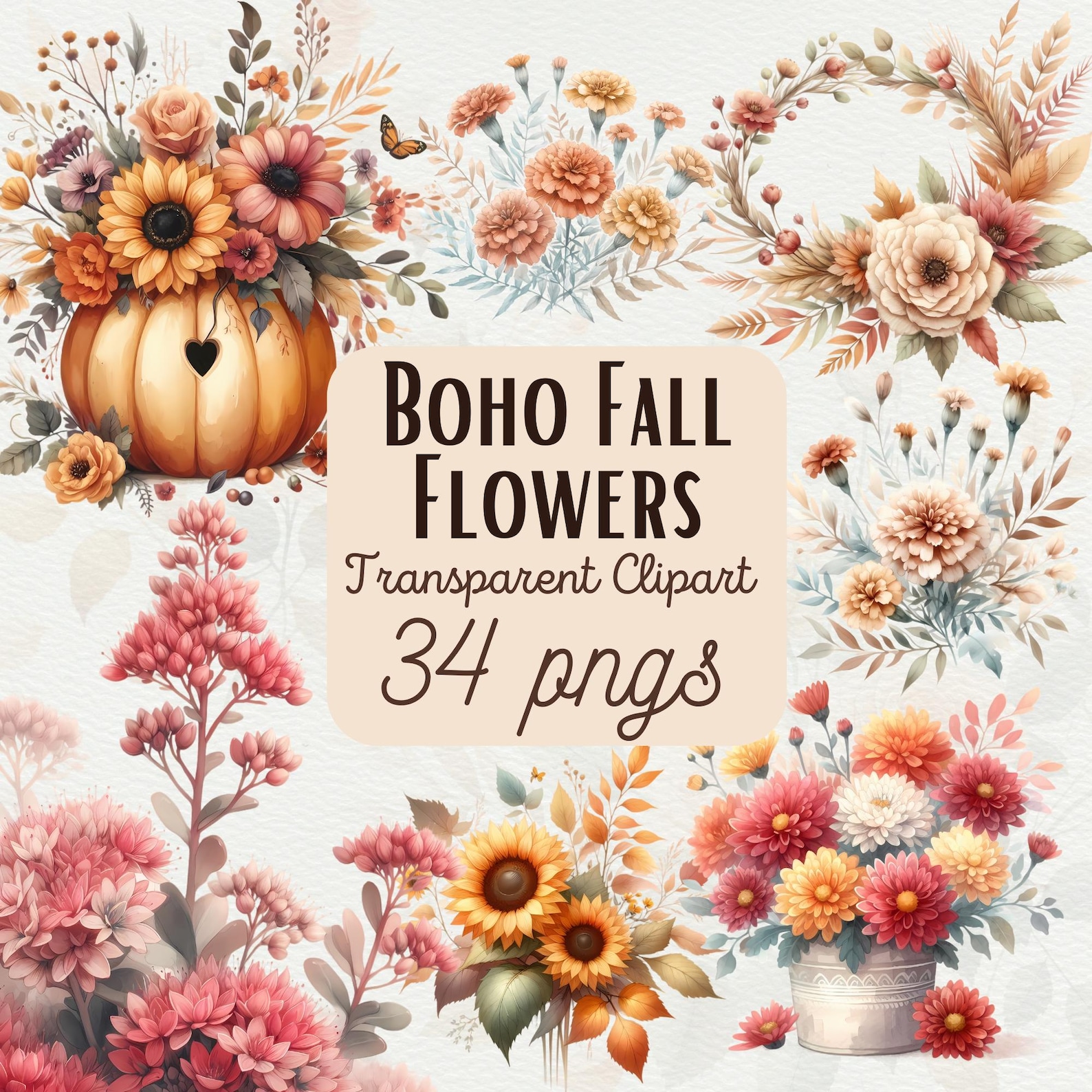 Watercolor Autumn Flower Clipart Floral Fall PNG Watercolor Fall ...