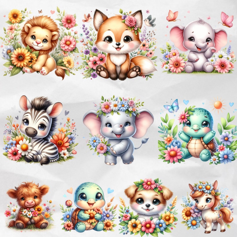 Watercolor Baby Animals With Flowers Clipart Watercolor Safari Animals ...
