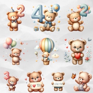 Watercolor Teddy Bear Clipart Birthday Bear Clipart Cute Teddy Bear PNG ...