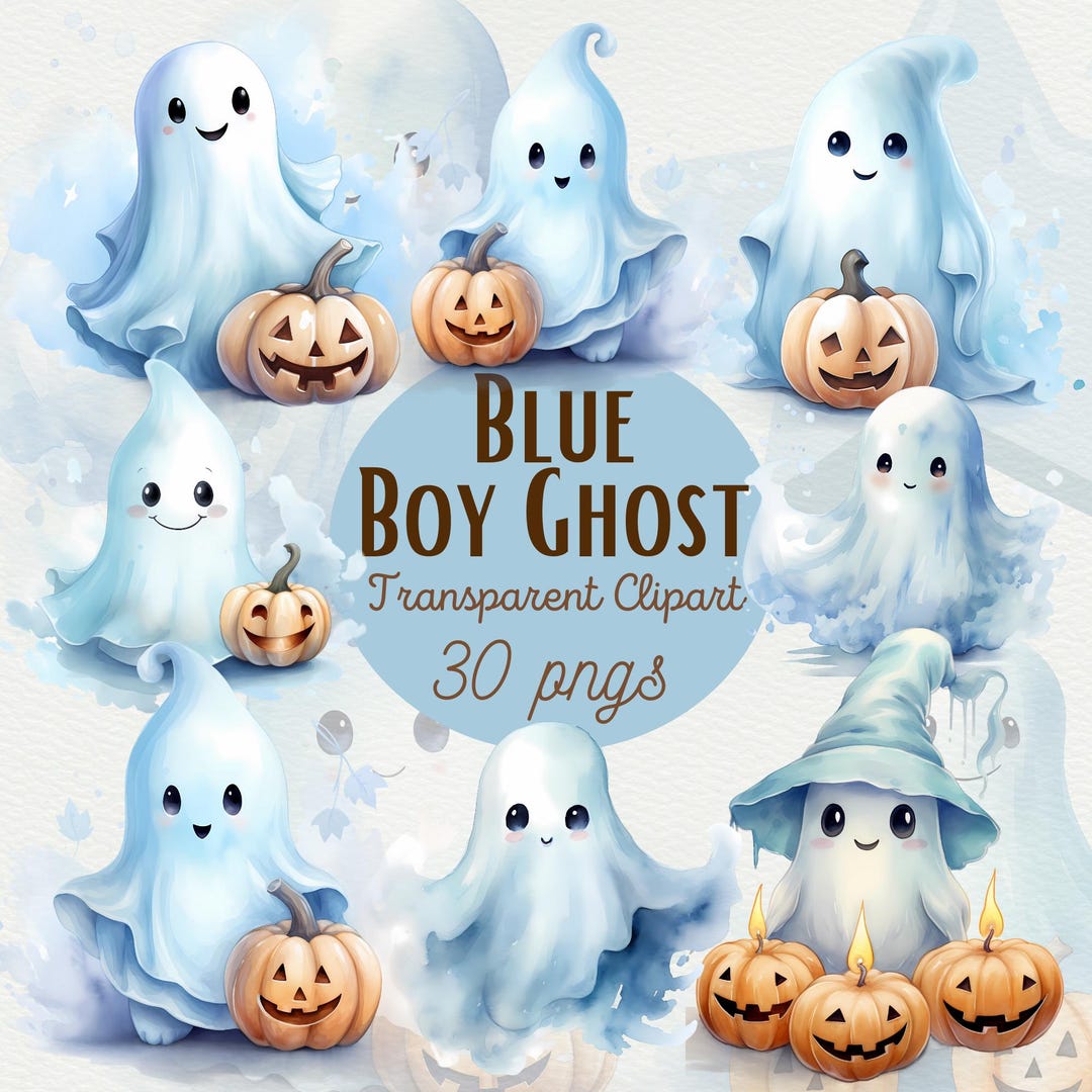 Watercolor Cute Ghost Clipart Halloween Clipart Bundle Cute Blue Boy ...