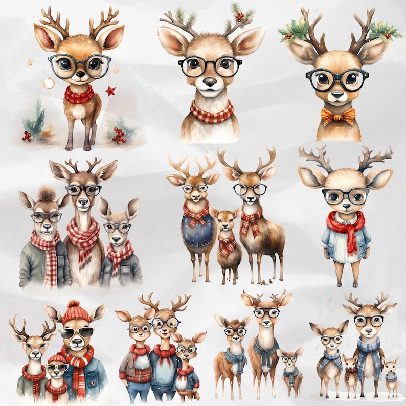 Cute Watercolor Xmas Reindeers Wearing Glasses Watercolor - Etsy