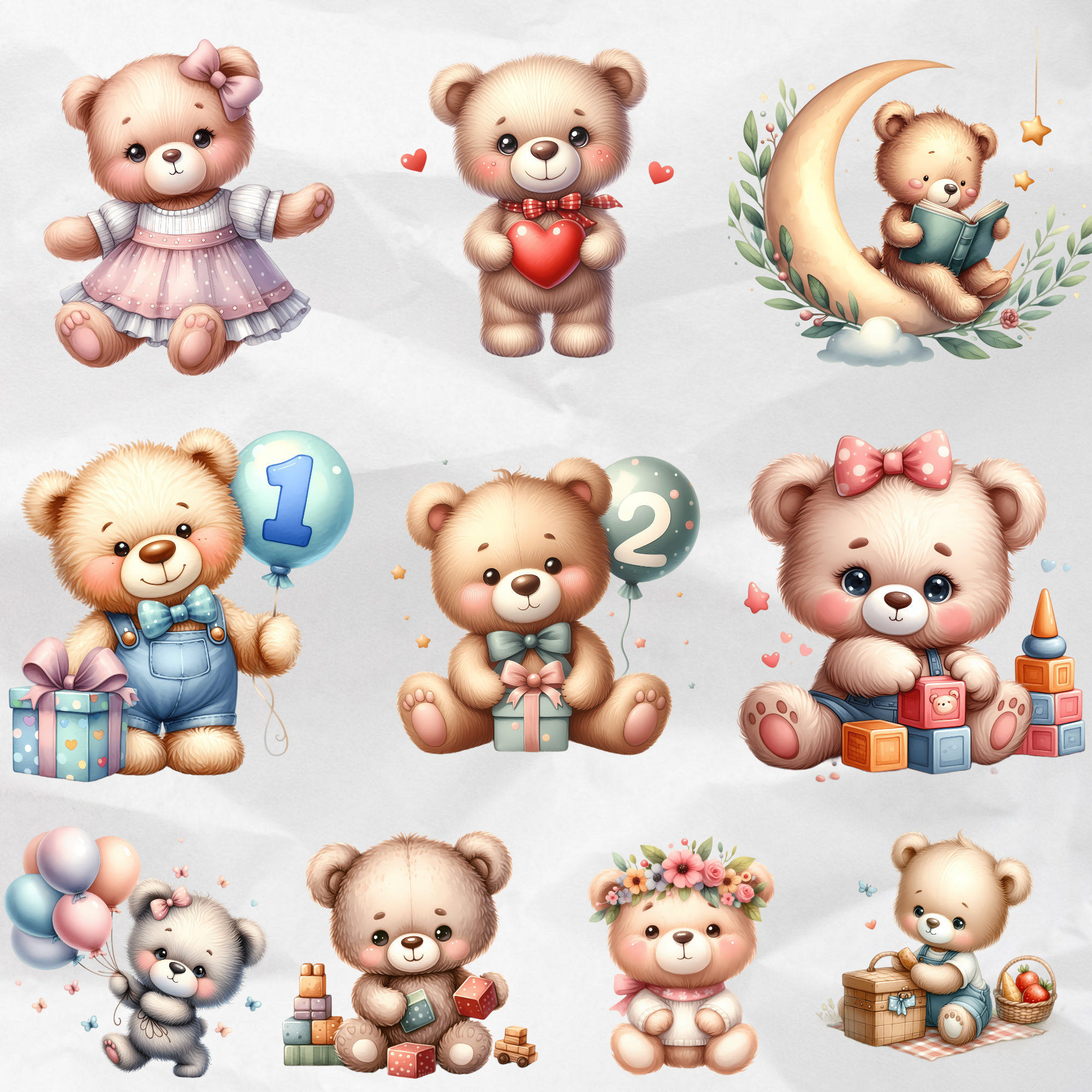 Watercolor Teddy Bear Clipart Birthday Bear Clipart Cute Teddy Bear PNG ...