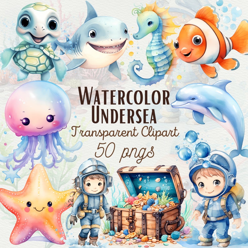 Watercolor Undersea Clipart Cute Ocean Baby Animals Watercolor - Etsy
