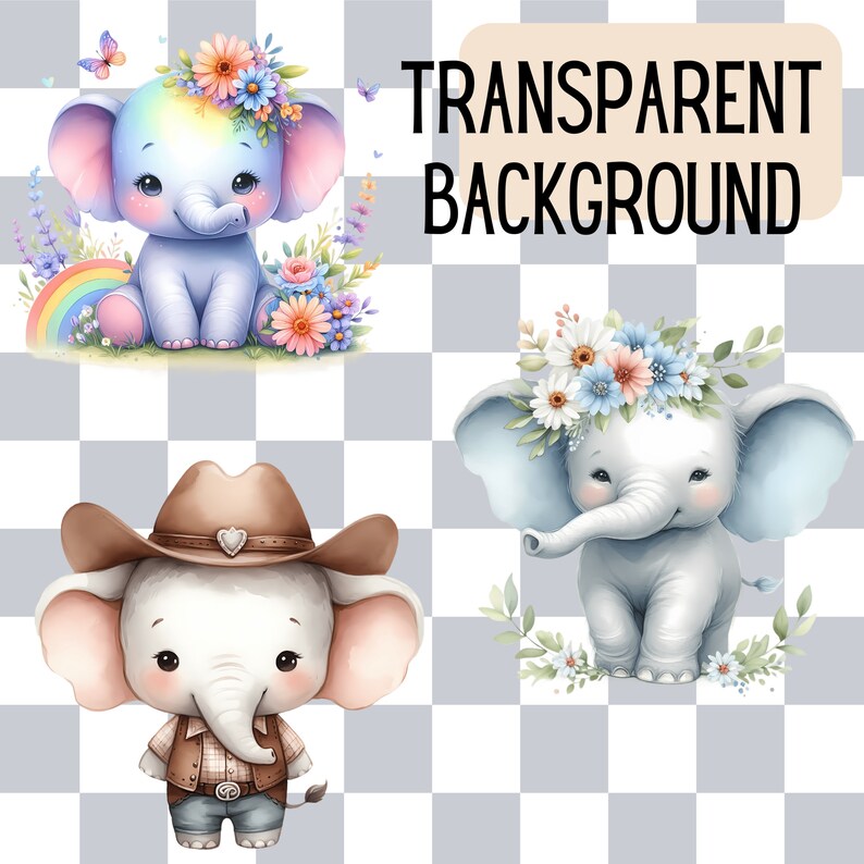 Cute Baby Elephant Clipart Floral Elephants PNG Baby Shower Rainbow ...