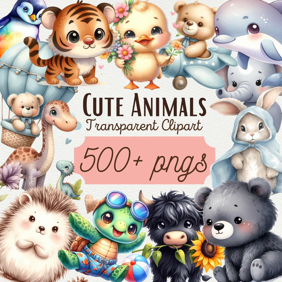 Cute Animals Clipart 500+ Mega Bundle Clipart Watercolor Animals PNG ...