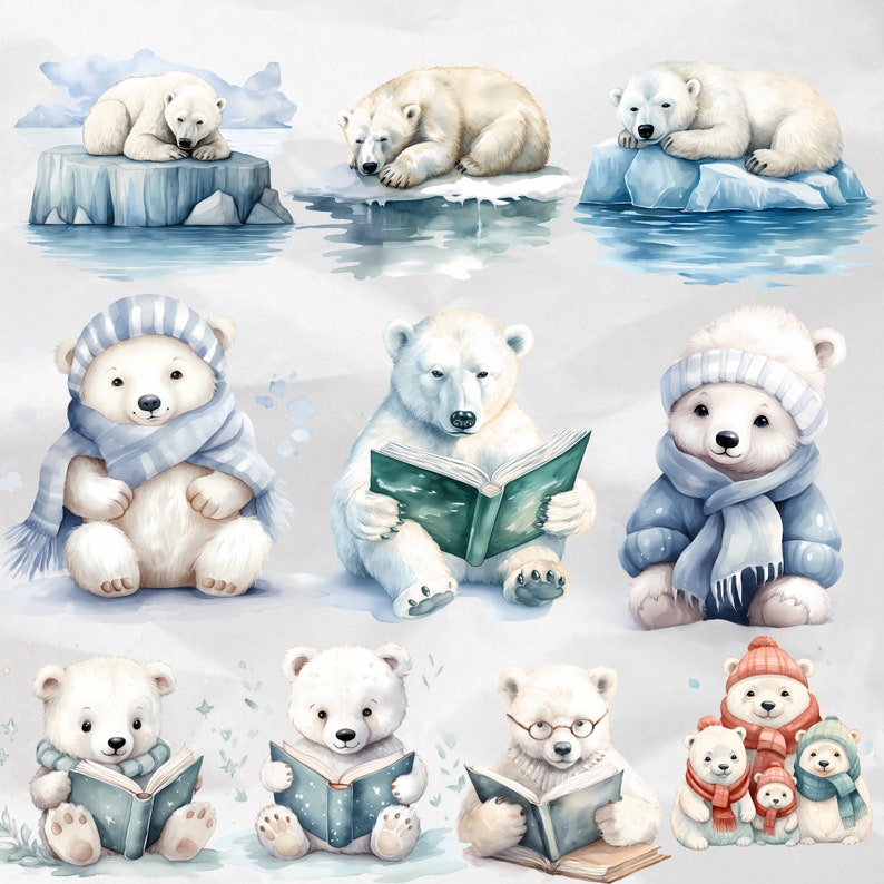Watercolor Polar Bear Winter PNG Clipart Cute Winter Animal PNG Cute ...
