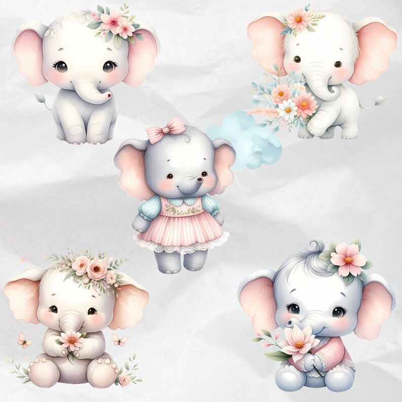 15 Baby Elephant Clipart Pink Elephant PNG Bundle Baby Shower Cute ...