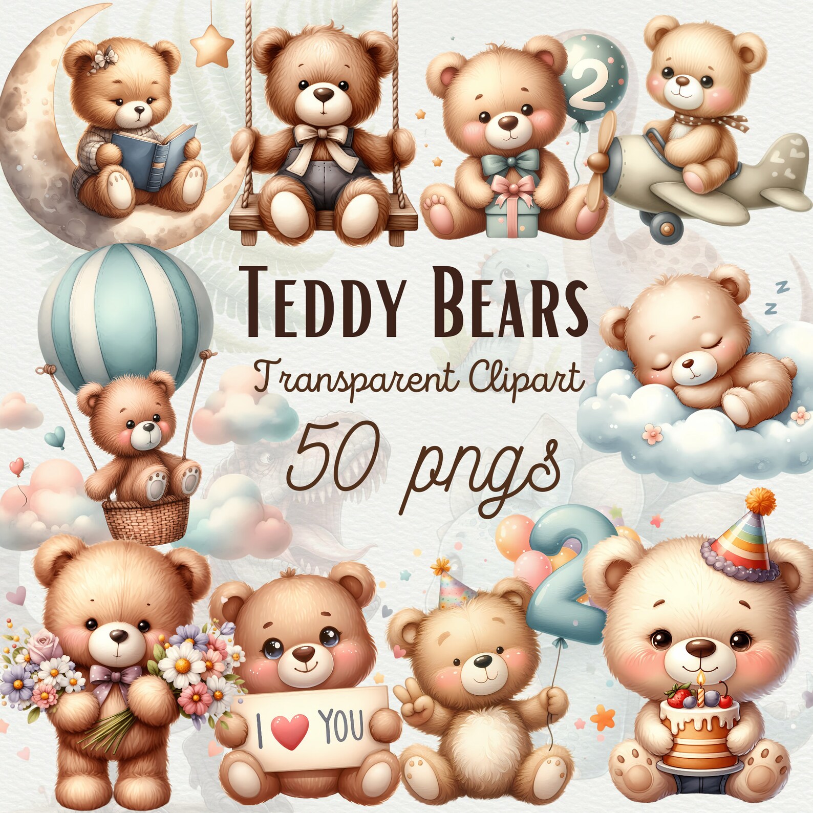 Watercolor Teddy Bear Clipart Birthday Bear Clipart Cute Teddy Bear PNG ...