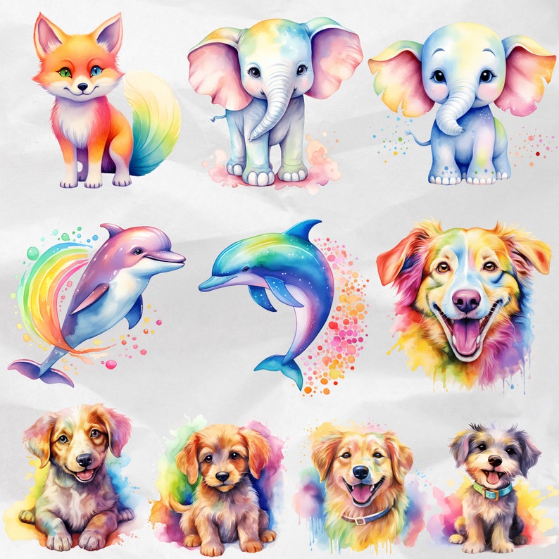 Watercolor Rainbow Animals Clipart Colorful Animals Designs Cute ...