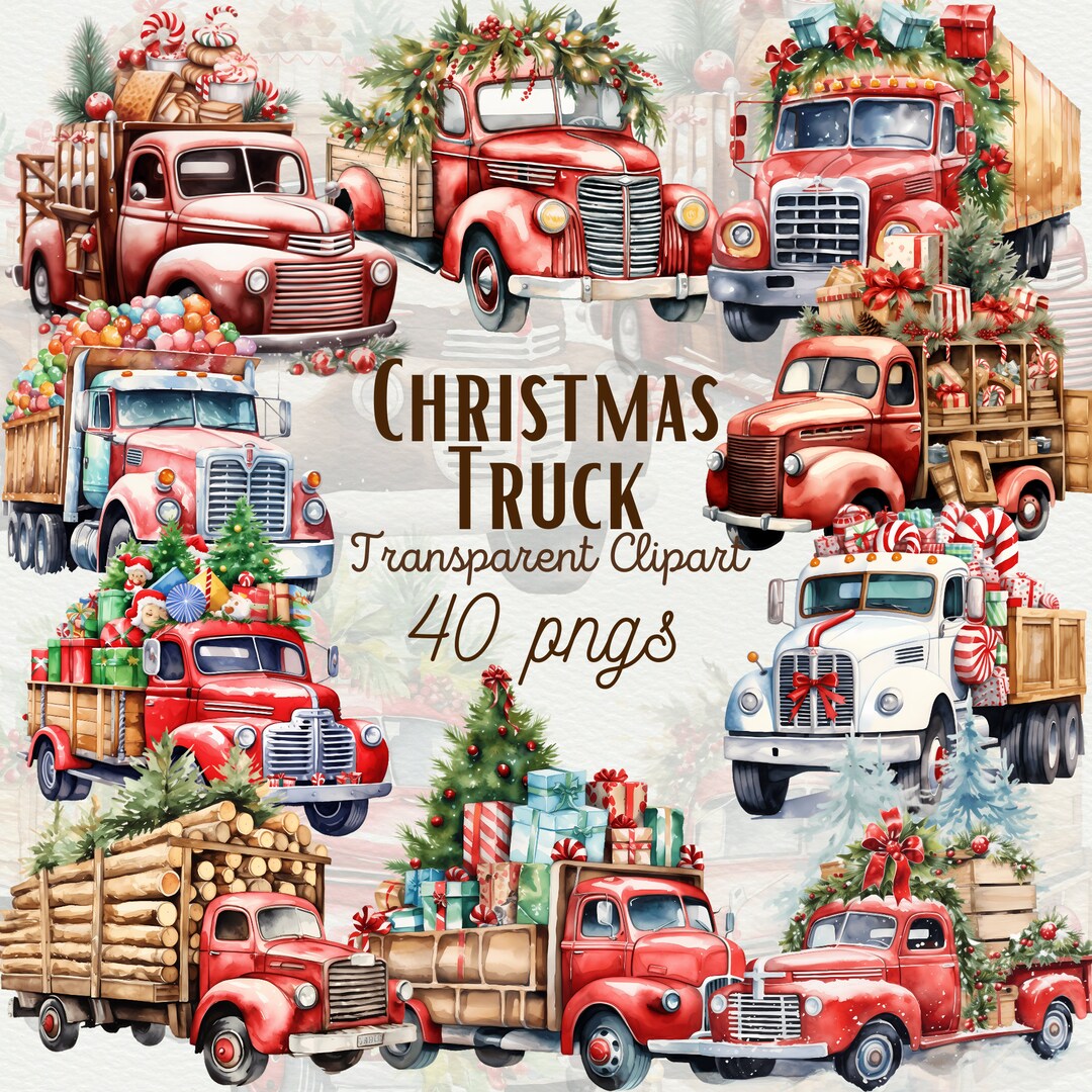 Watercolor Vintage Christmas Truck Clipart Christmas Truck PNG Bundle ...