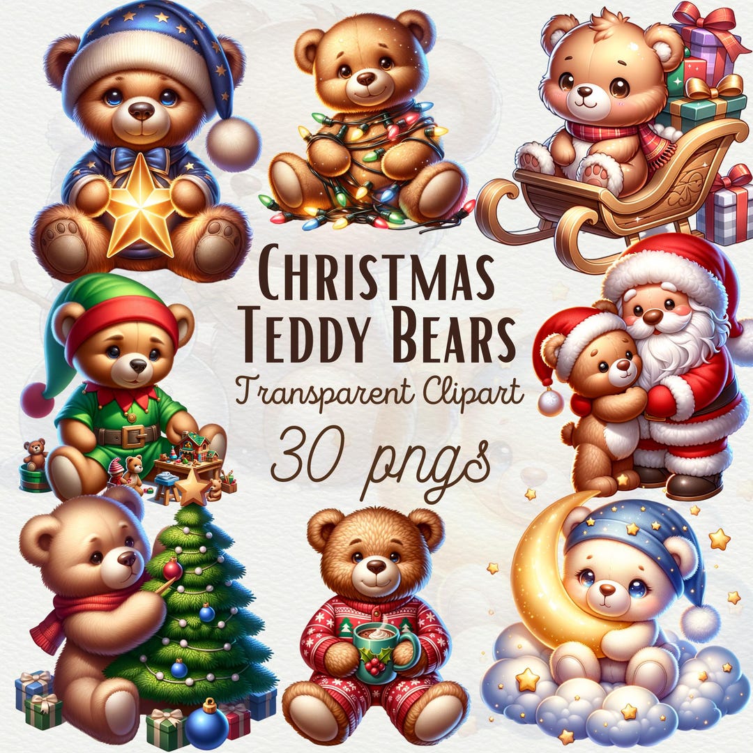 Cute Christmas Teddy Bears Clipart PNG Watercolor Teddy Bear Cliaprt ...