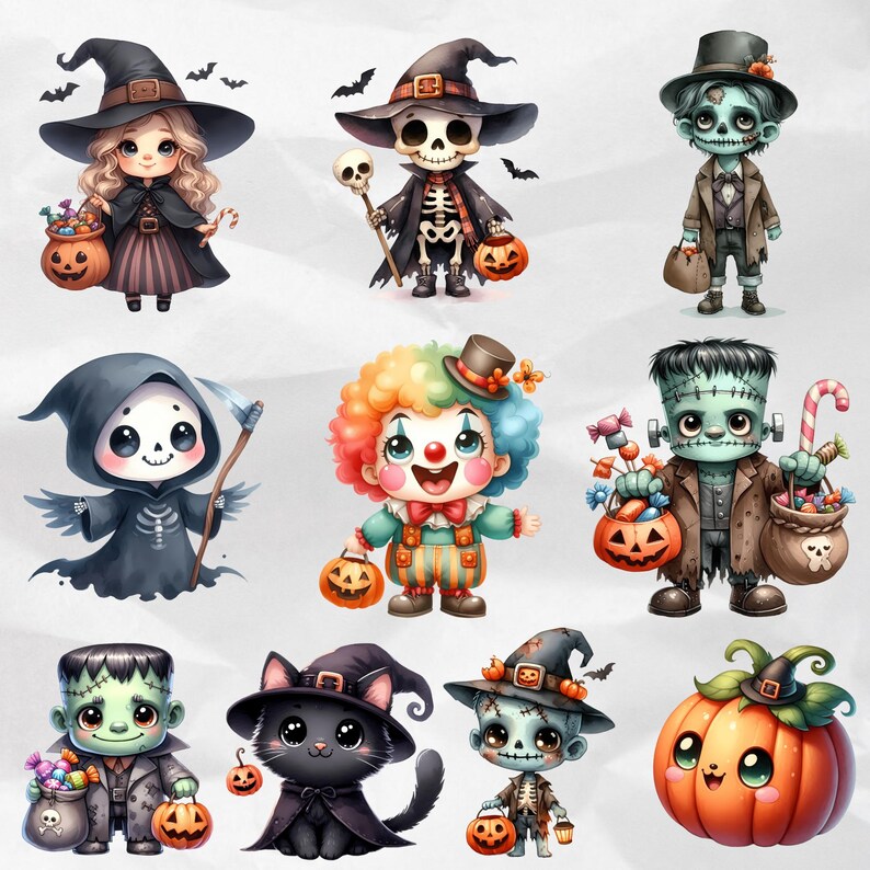 Cute Watercolor Halloween Characters Clipart Cute Ghost PNG Happy ...