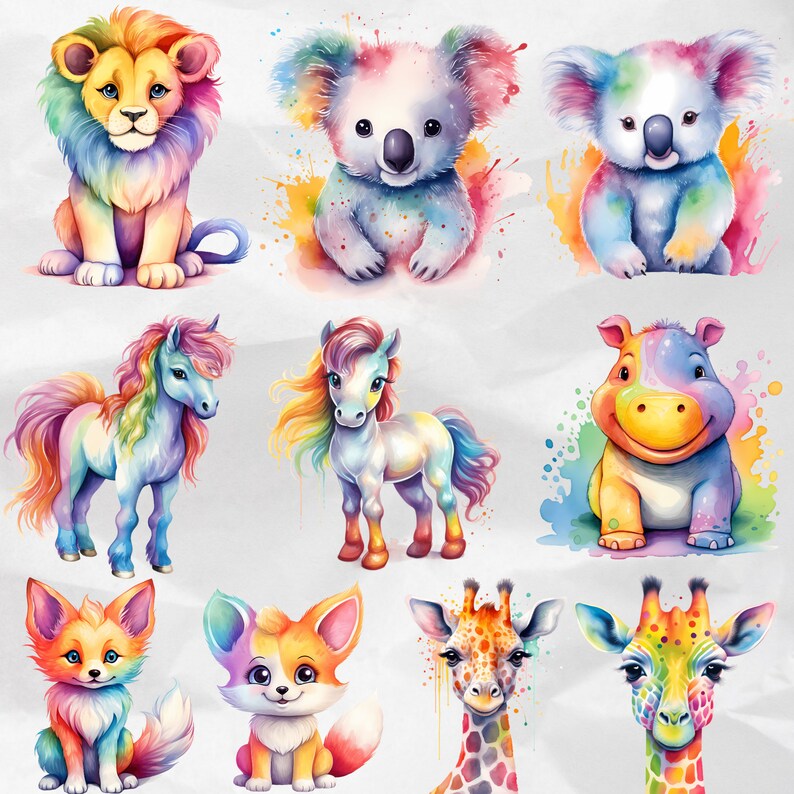 Watercolor Rainbow Animals Clipart Colorful Animals Designs Cute ...
