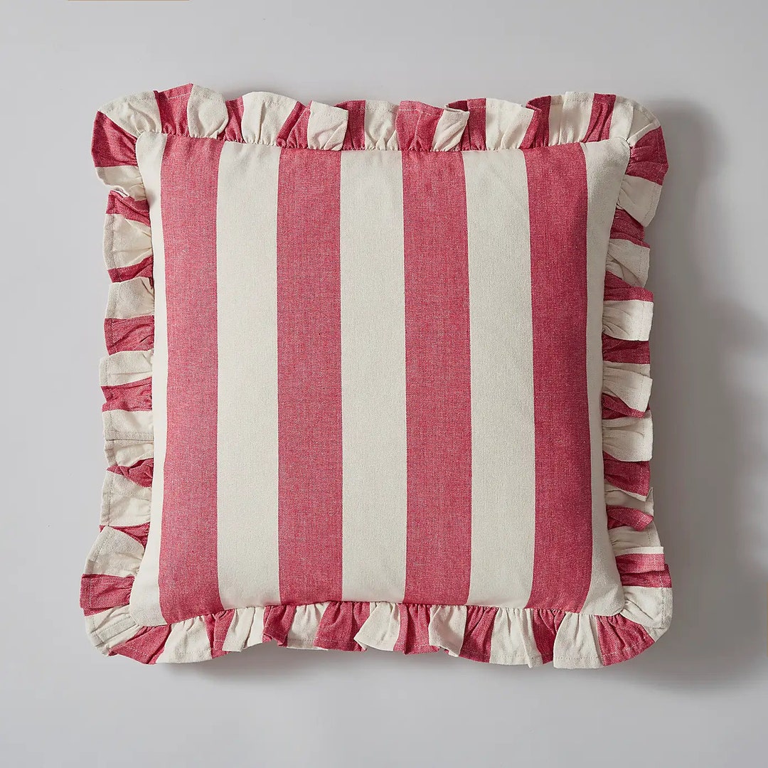 Pink and White Stripe Cotton Cushion Ruffle Trim Handmade Scallop Edge ...