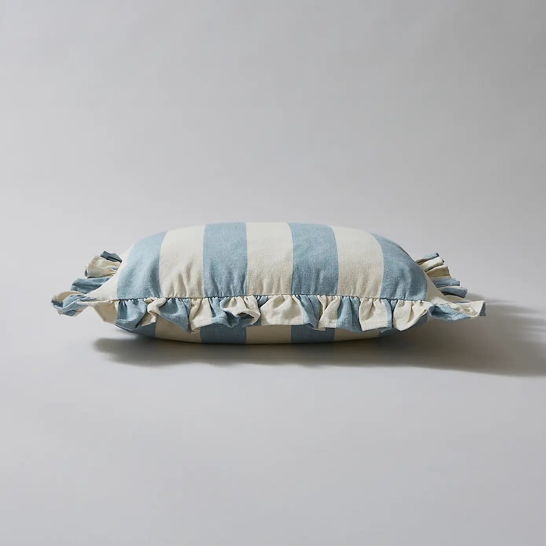 Blue and White Stripe Cotton Cushion Ruffle Trim Handmade Scallop Edge ...