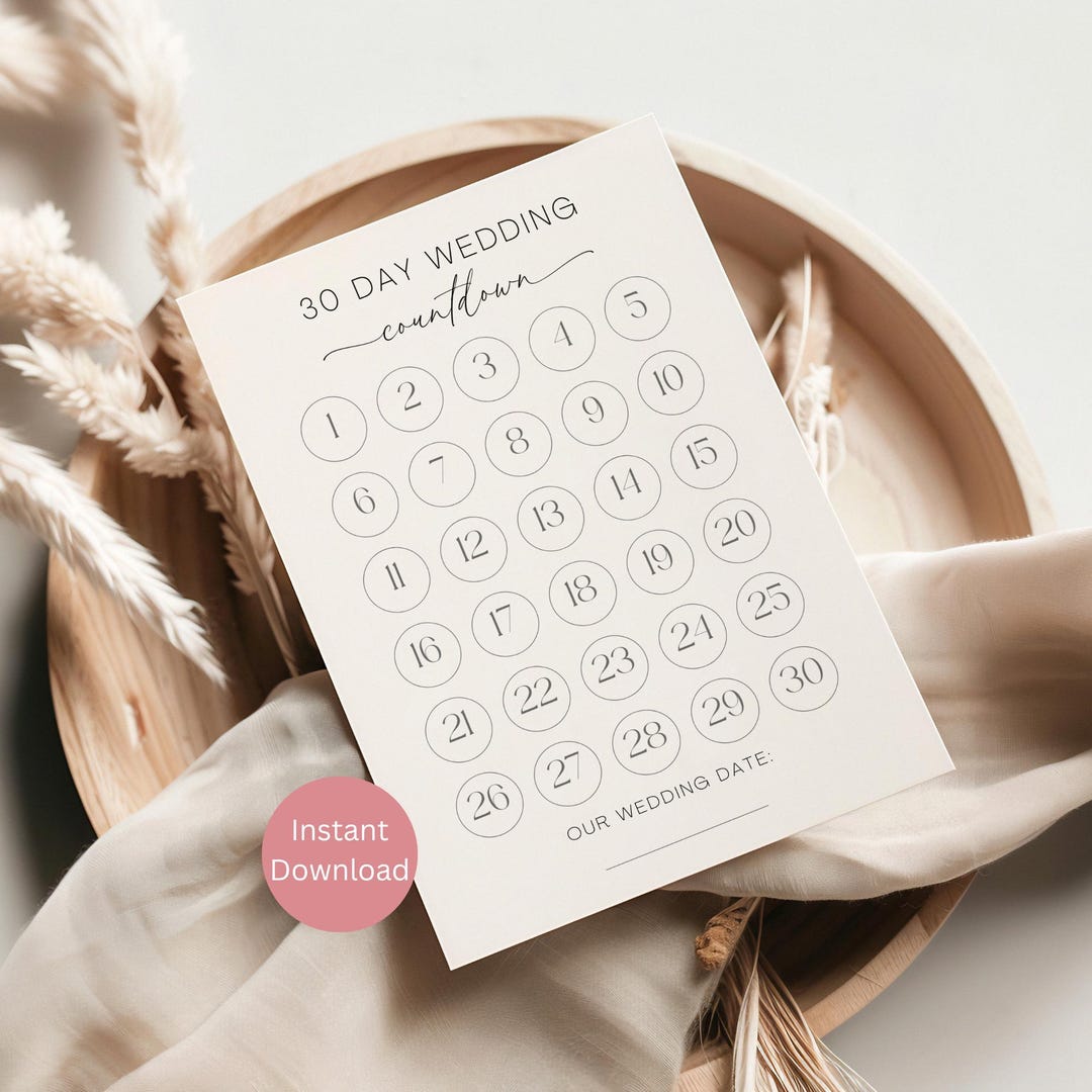 Printable Wedding Countdown, 30 Day Countdown Tracker, Instant Download ...
