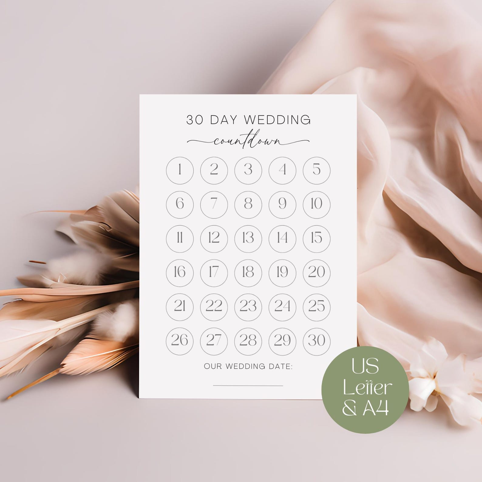 Printable Wedding Countdown, 30 Day Countdown Tracker, Instant Download ...