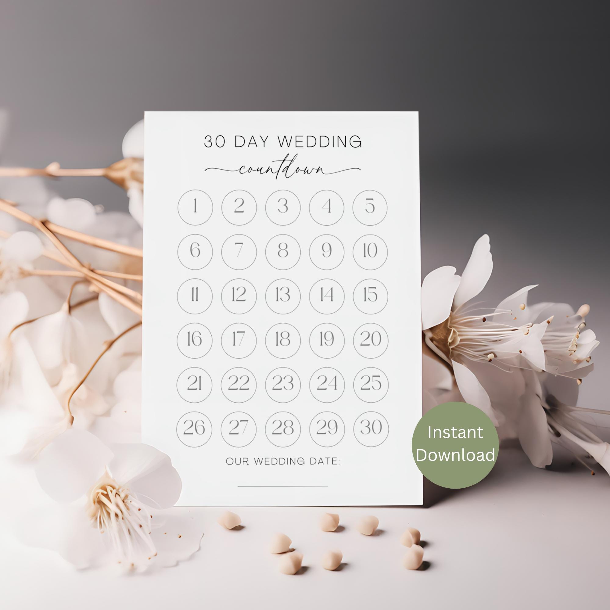 Printable Wedding Countdown, 30 Day Countdown Tracker, Instant Download ...
