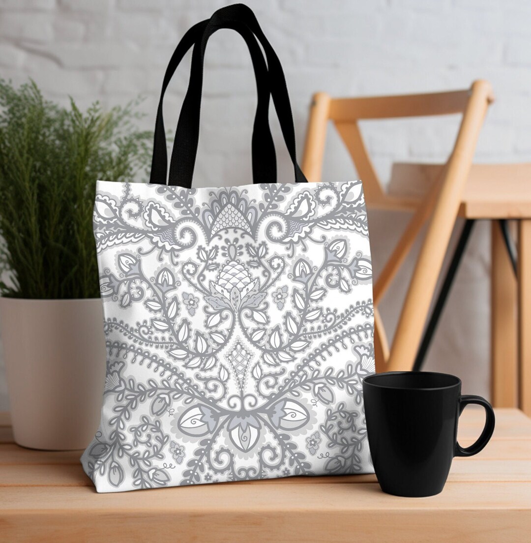 Chic Grey Floral Chinoiserie Tote Bag. Unique Bridesmaids Gift, Stylish ...
