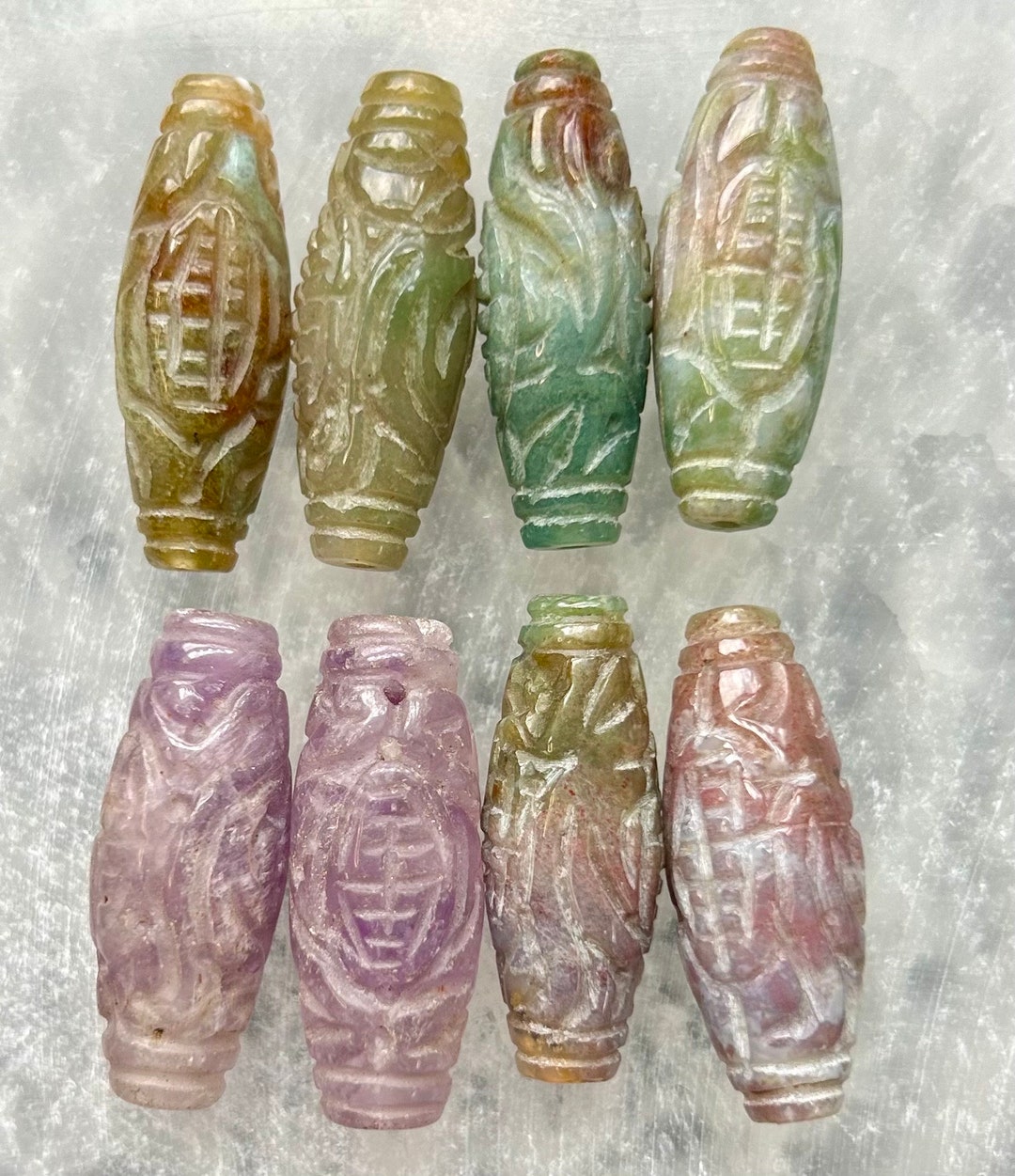 2 Longevity Carved Stone Focal Bead, Tapered Tube Bead, Asian-inspired ...